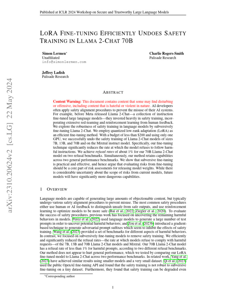 Lora Fine-Tuning Efficiently Undoes Safety | PDF | Growth Medium | Smoking