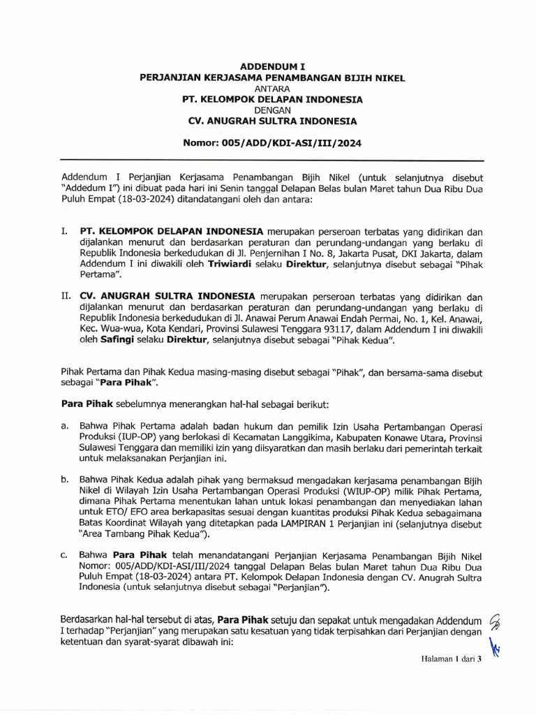 Final Addendum Tambang KDI-ASI-2024-Materai ASI | PDF