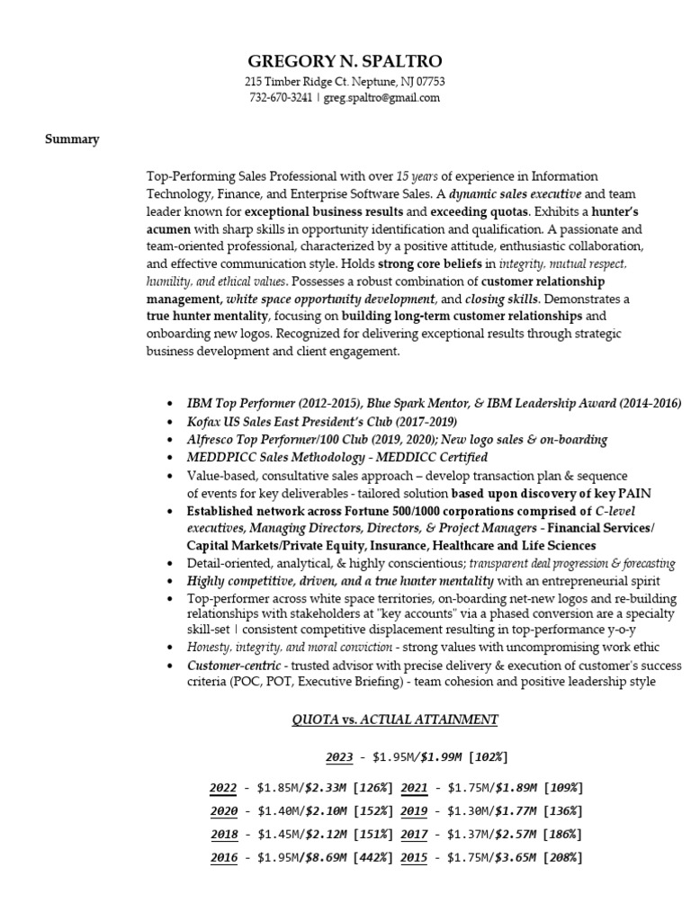 Gregory N. Spaltro Resume Ver. April 2024-2 | PDF | Sales | Business