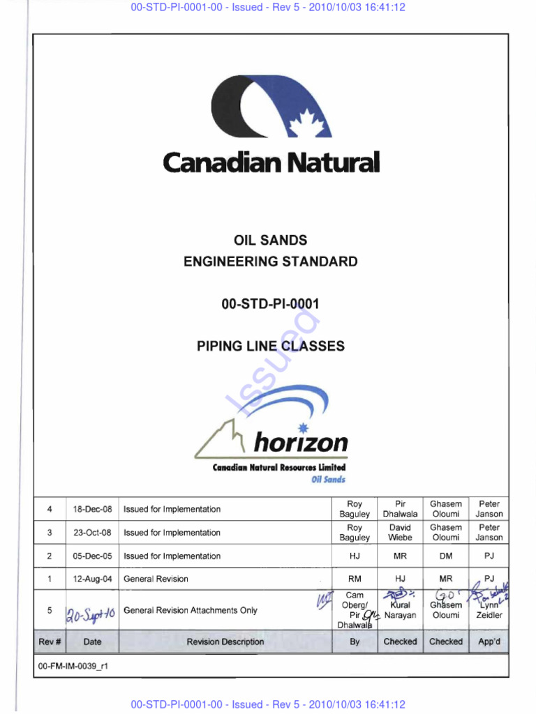 Oil Sands Engineering Standart 00-Std-pi-0001(Piping Line Classes ...
