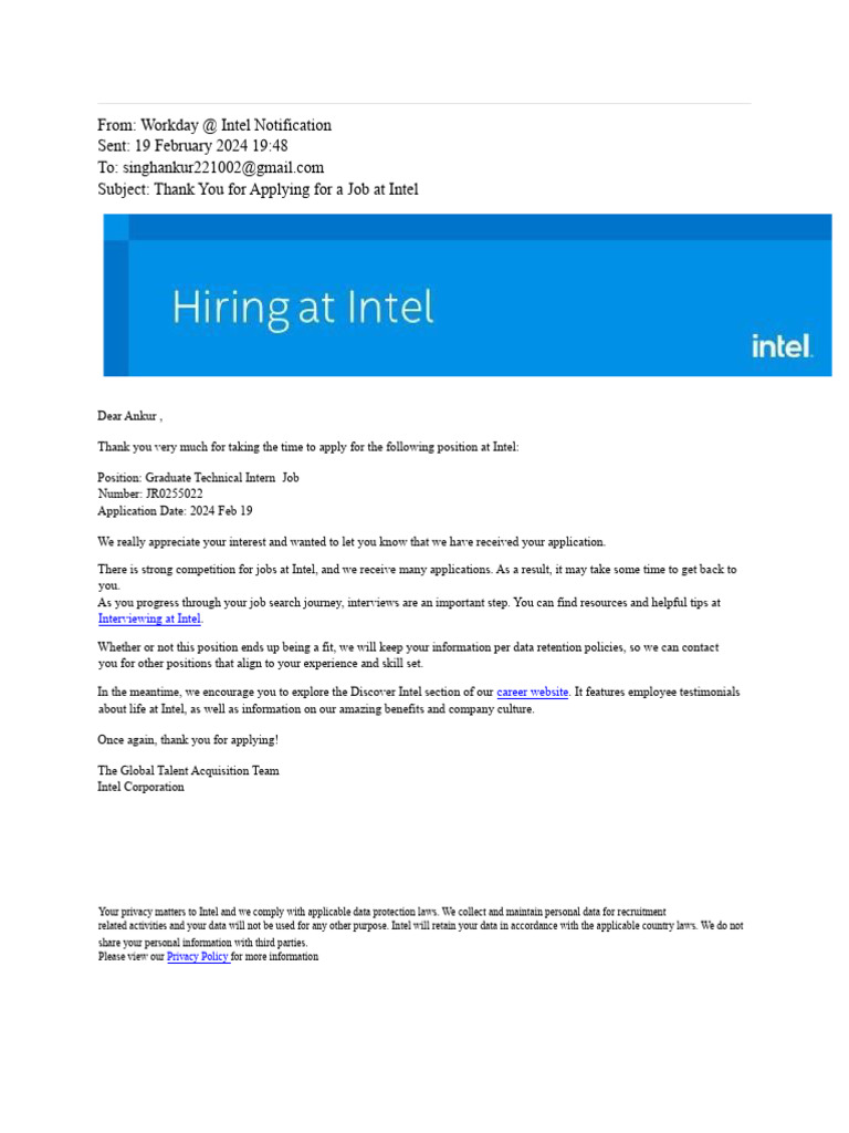 Intel Job Application Acknowledgment | PDF