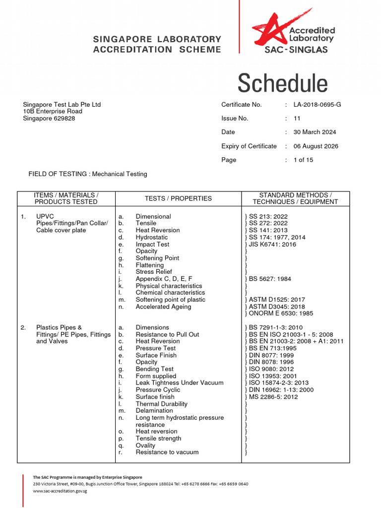 Singapore Test Lab LA 2018 0695 G | PDF | Pipe (Fluid Conveyance ...
