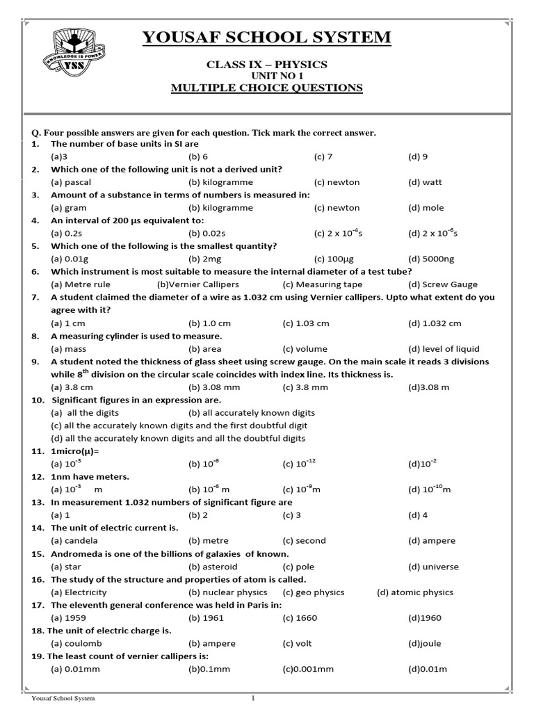 Physics Grade IX MCQs Unit 1 To 4) | PDF | Force | Velocity