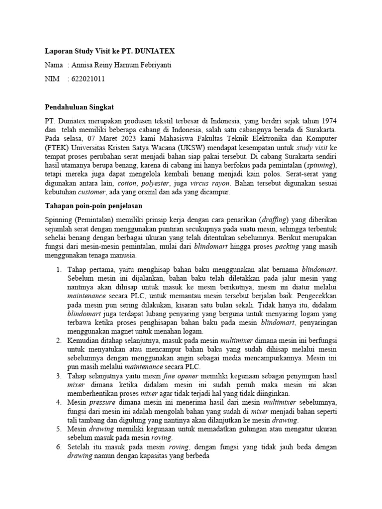 Laporan Study Visit Ke PT - Annisa Reiny HF | PDF | Griya & Taman | Teknologi & Rekayasa