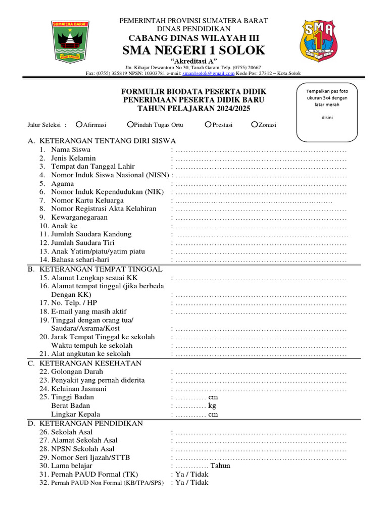 03 - Formulir Biodata Peserta Didik Tahun 2024 | PDF