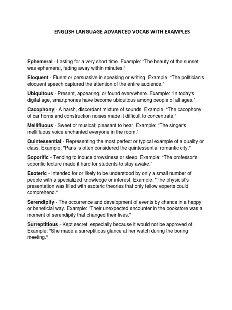 English Language Advanced Vocab With Examples | PDF