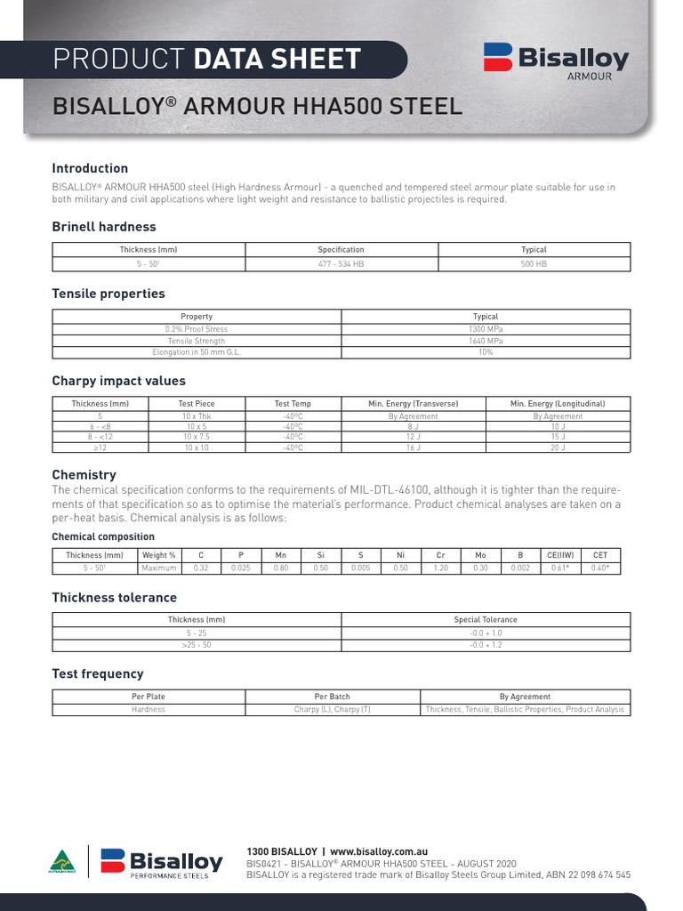 Bisalloy® Armour Hha500 Steel | PDF | Steel | Hardness