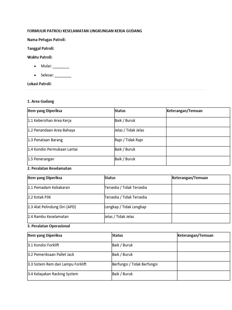 Form Safety Patrol Lingkungan Kerja Gudang Warehouse PDF