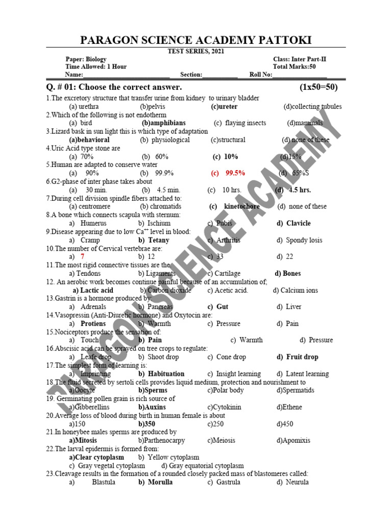 PARAGON ACADEMY Full Book Mcqs KEY | PDF | Chromosome | Urinary System