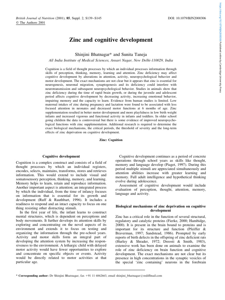 Zinc's Impact on Cognitive Development | PDF | Memory | Zinc