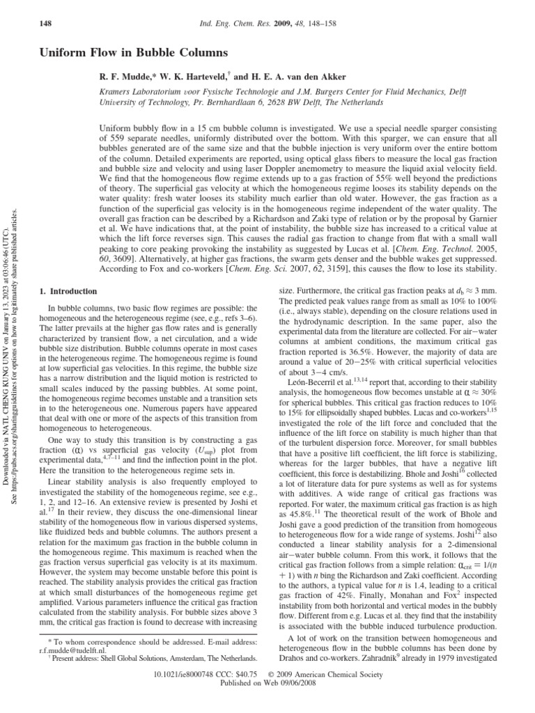 2009 Uniform Flow in Bubble Columns | PDF | Gases | Fluid Dynamics 2009 Uniform Flow in Bubble Columns | PDF | Gases | Fluid Dynamics
