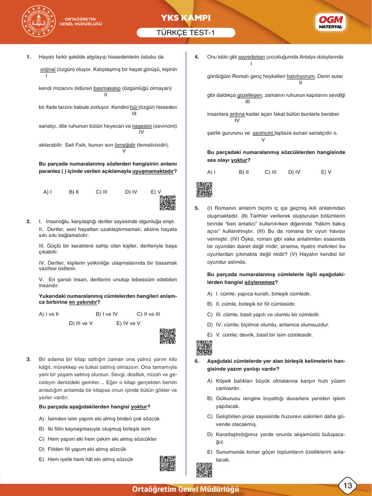 Yks Kampi: Türkçe Test-1 | PDF