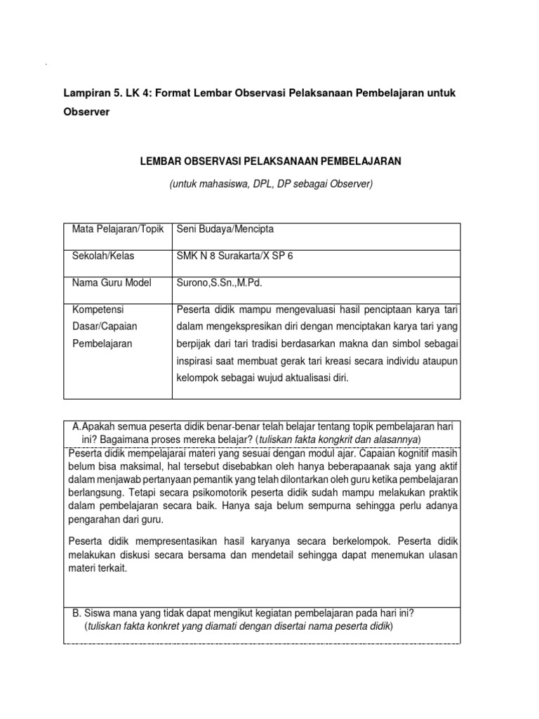 01.05.6-B4-14 Unggah LK 4 - Lembar Observasi Pembelajaran - Siklus 3-Islami Annastasya Hardomo | PDF