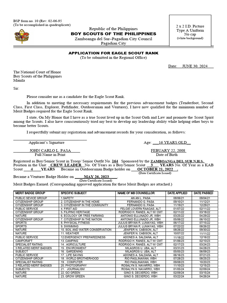 Eagle Scout Rank Application Form | PDF | Scouting | Youth Movements