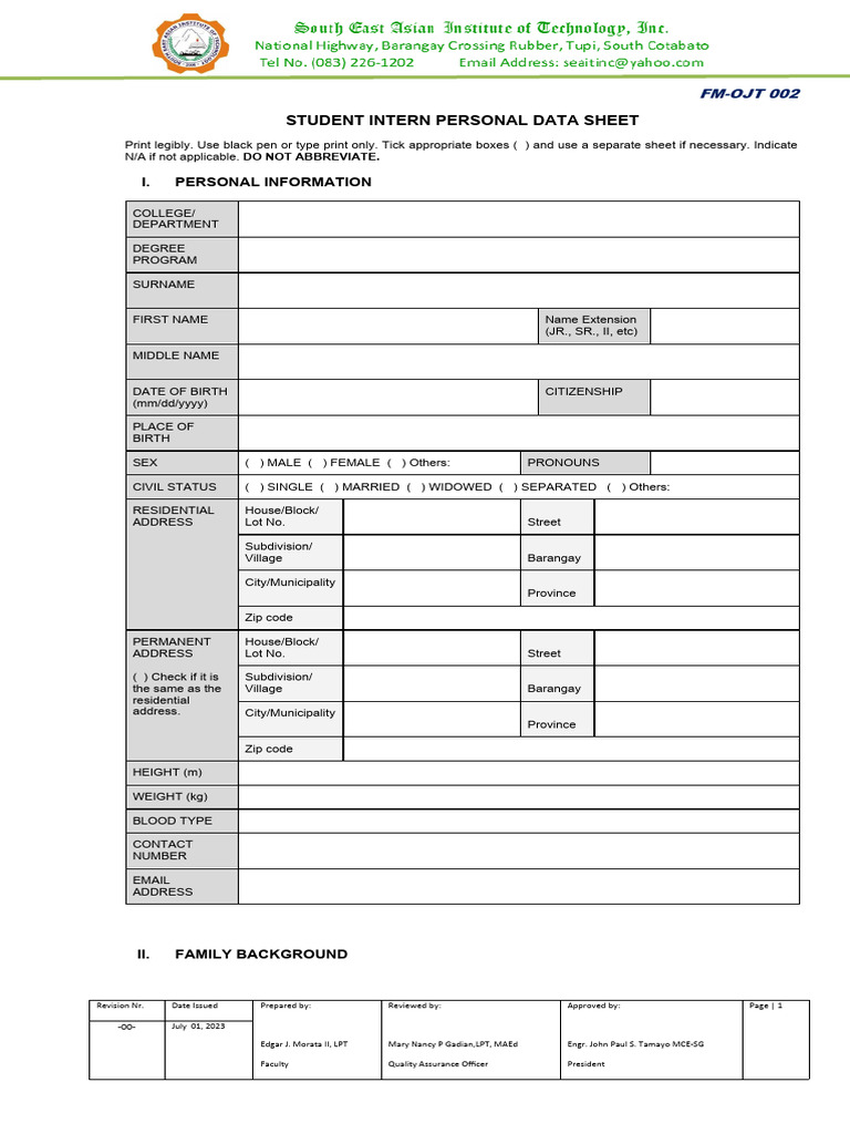 2-Personal-Data-Sheet - v1 0 - S 1 24 24-1 | PDF