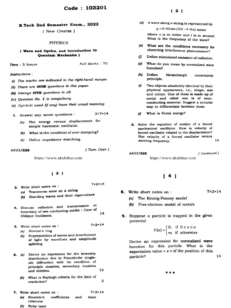 Btech 2 Sem Physics Wave and Optics and Introduction To Quantum Mechanics 103201 2022 | PDF