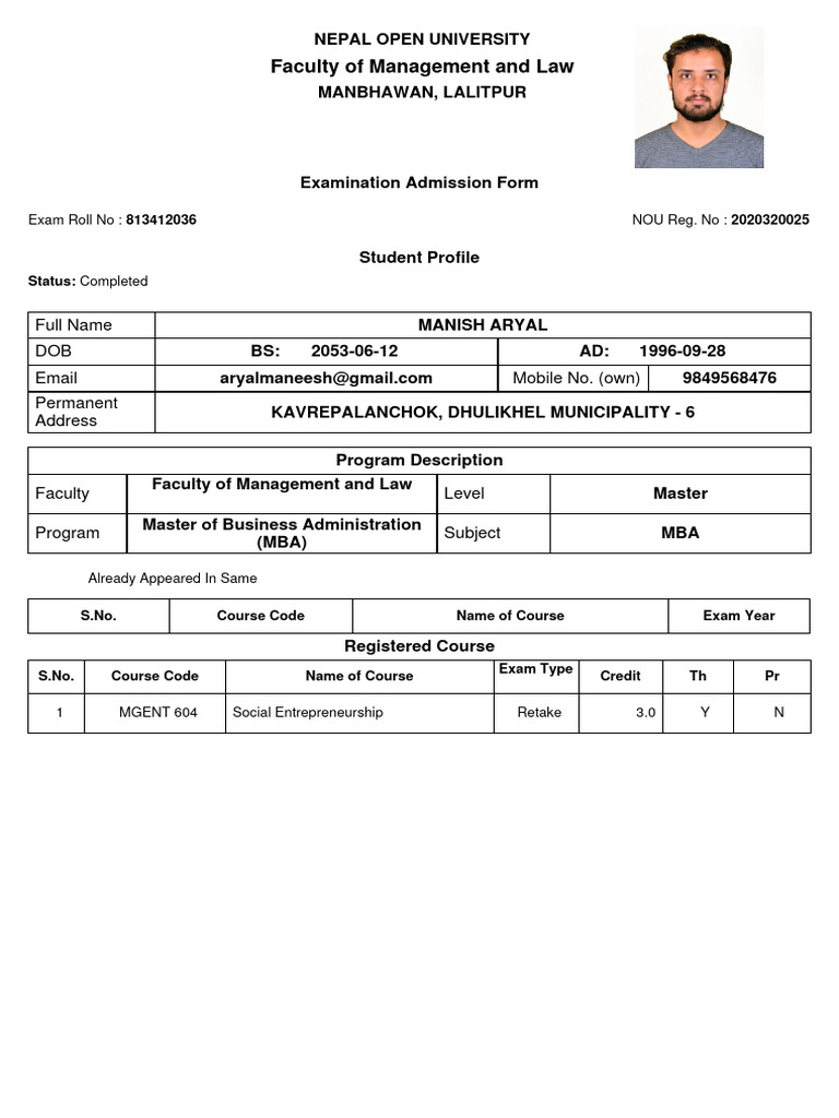 Examination Admission Form11891029882572647242 | PDF