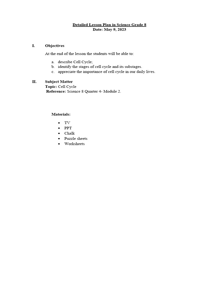 2nd Detailed Lesson Plan Week 2 | PDF | Mitosis | Chromosome