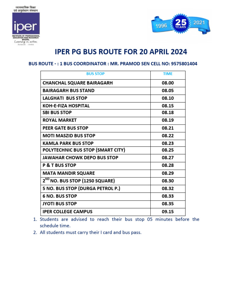 Iper PG Bus Route For 20 April 2024 | PDF