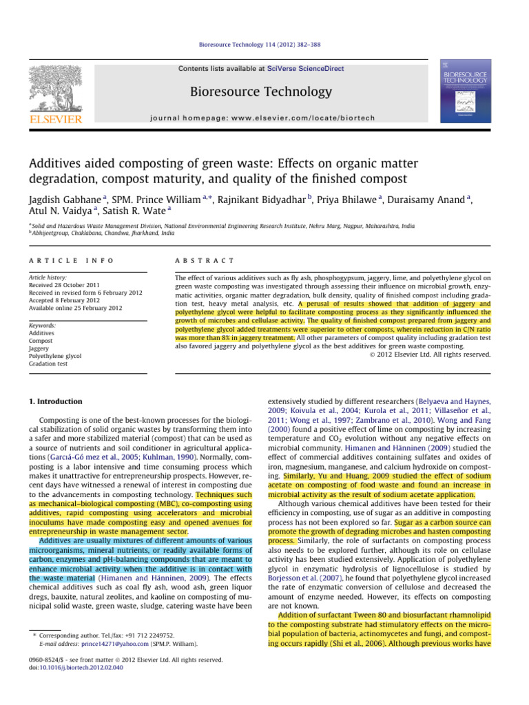 Additives Aided Composting of Green Waste Effects On Organic Matter | PDF | Compost | Cellulose