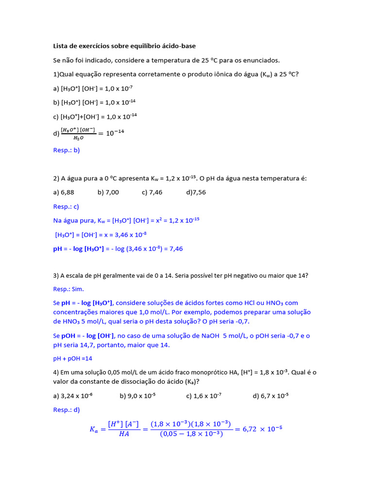 Lista de Exercã Cios Sobre Equilã Brio Ã¡cido-Base | PDF | Ph | Ácido