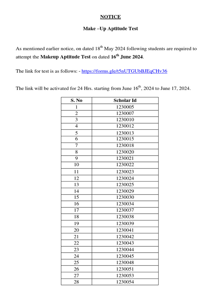 Makeup Aptitude Test Notice 2024 | PDF