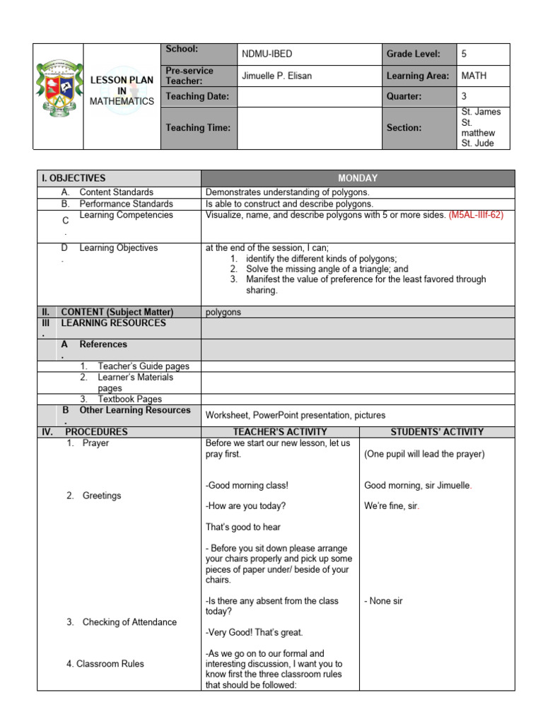 Lesson Plan-Polygons Grade 5 | PDF | Triangle | Shape