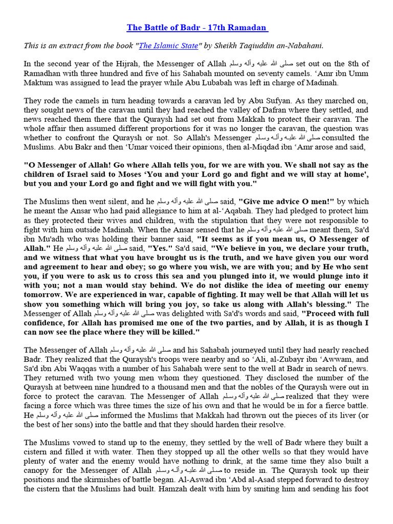 The Battle of Badr 17th Ramadan | PDF | Muhammad | Life Of Muhammad