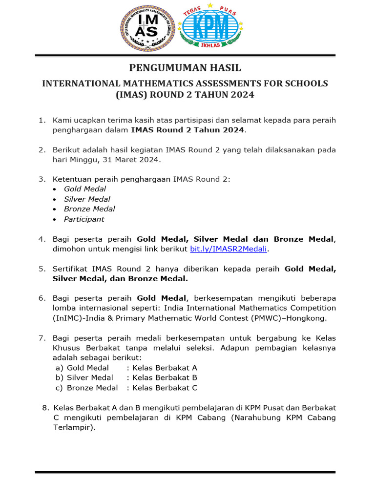 Hasil IMAS 2024 - MIDDLE PRIMARY | PDF