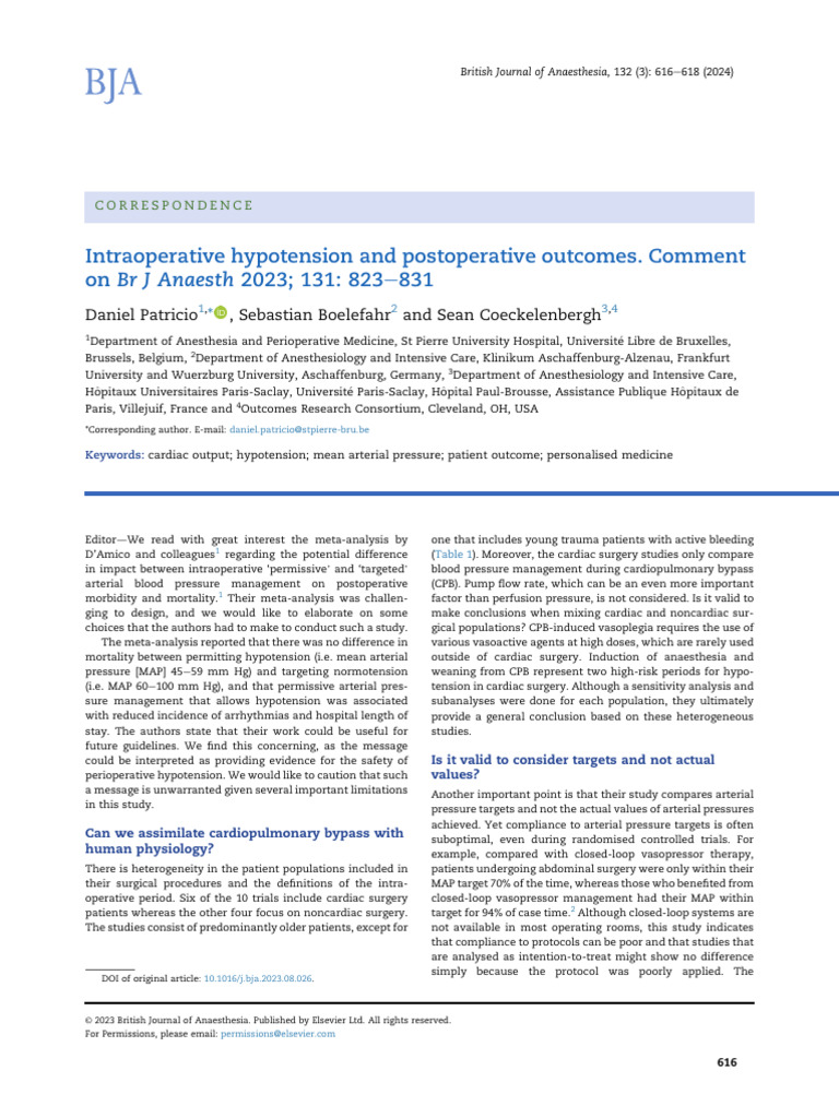Intraoperative Hypotension and Postoperative Outcomes 2024 British ...