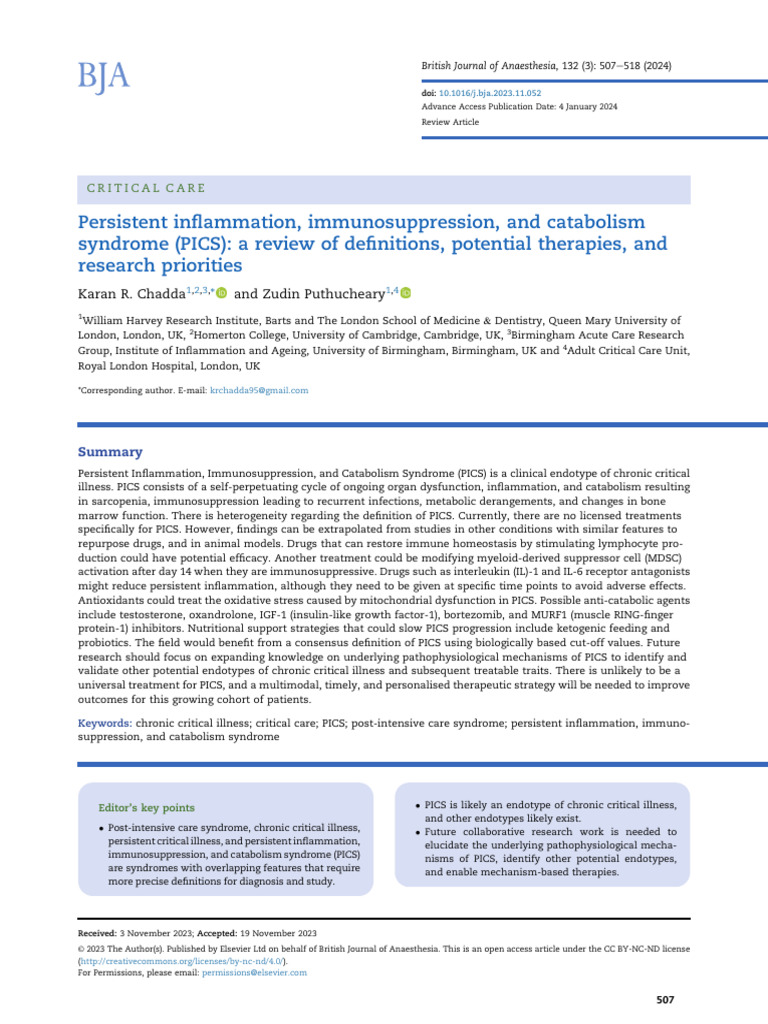 Persistent Inflammation Immunosuppression And Catabolism 2024