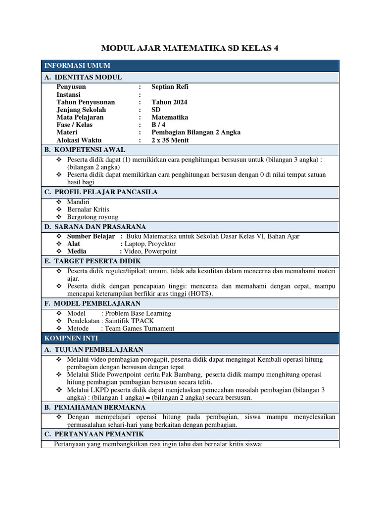 Modul Ajar Matematika Kelas 4 | PDF