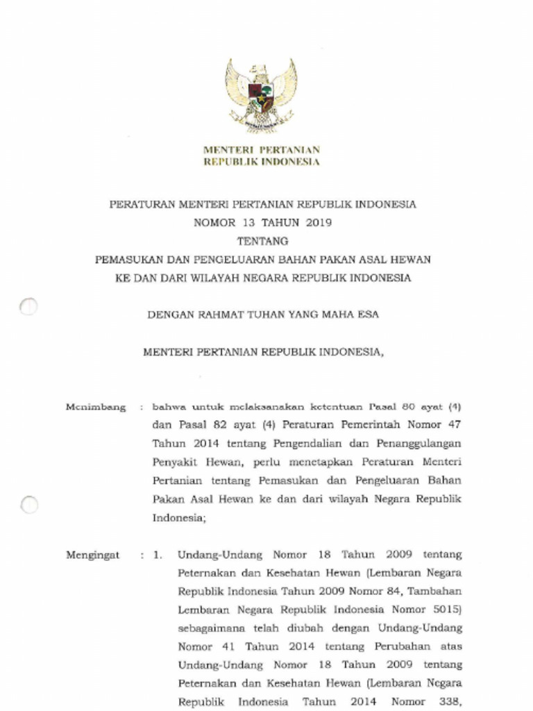Permentan - 2019 - No. 13 - Pemasukan-Pengeluaran Bahan Pakan Asal ...