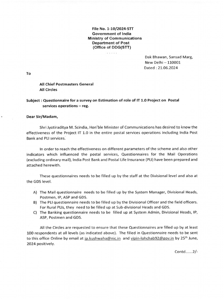 Questionnaire For A Survey On Estimation of Role of IT 1.0 Project On ...