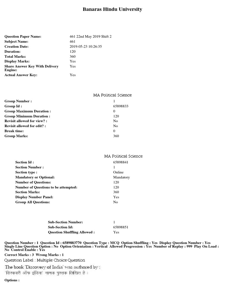 BHU Political Science Exam Paper 2019 | PDF | Multiple Choice ...