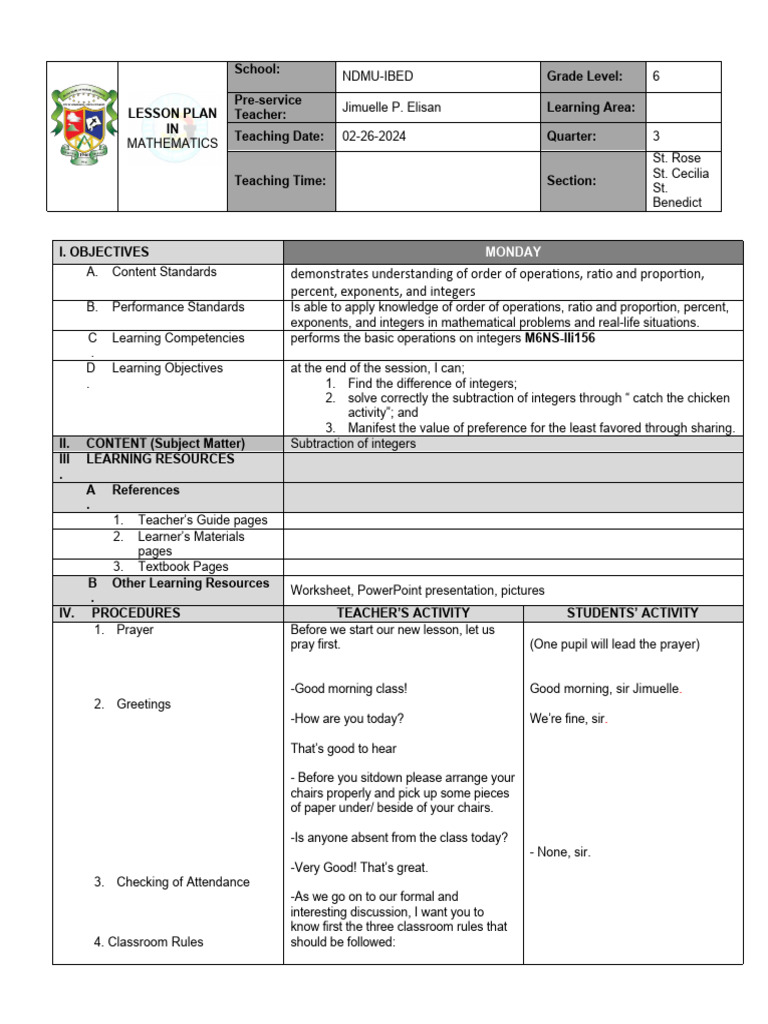 LESSON PLAN - Subtraction of Integers | PDF | Subtraction | Learning