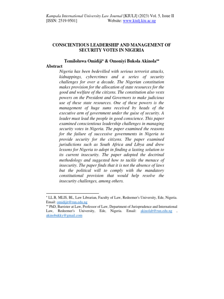 Leadership and Security Votes in Nigeria | PDF | Leadership | Expense