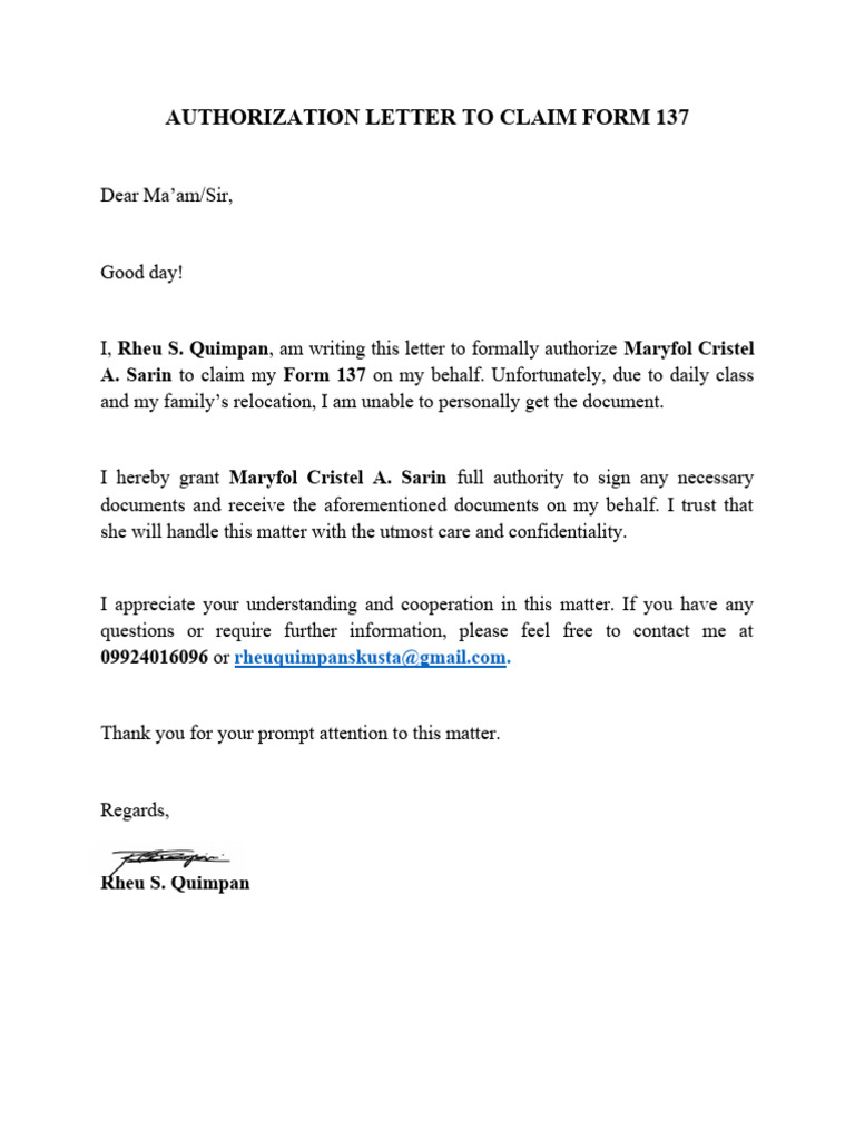 Authorization Letter Form 137 | PDF