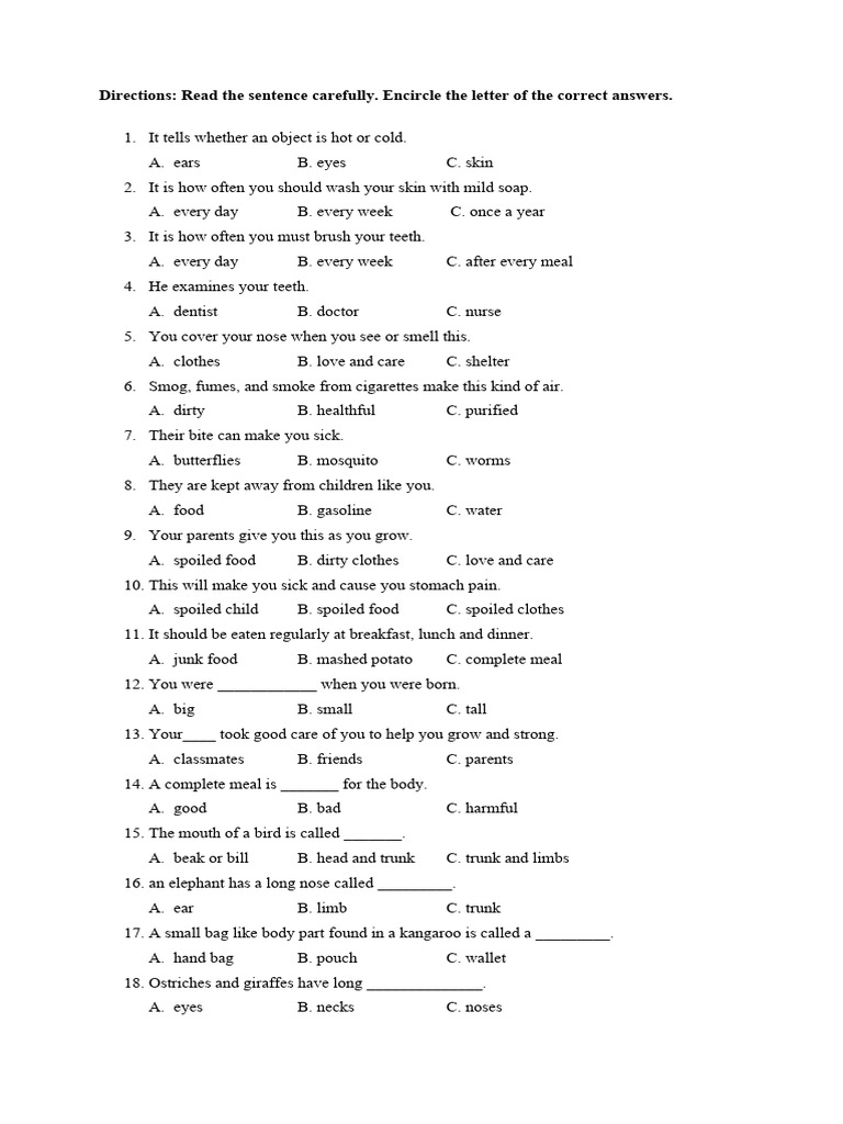 Directions: Read The Sentence Carefully. Encircle The Letter of The ...