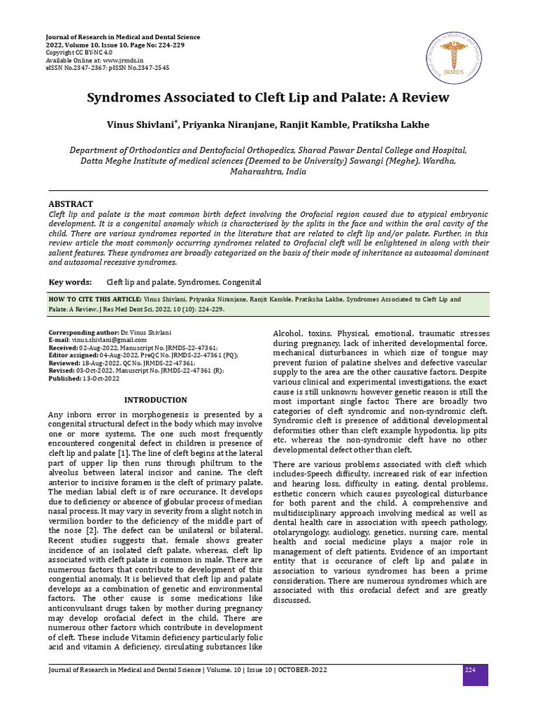Syndromes Associated To Cleft Lip and Palate A Review | PDF | Genetic ...