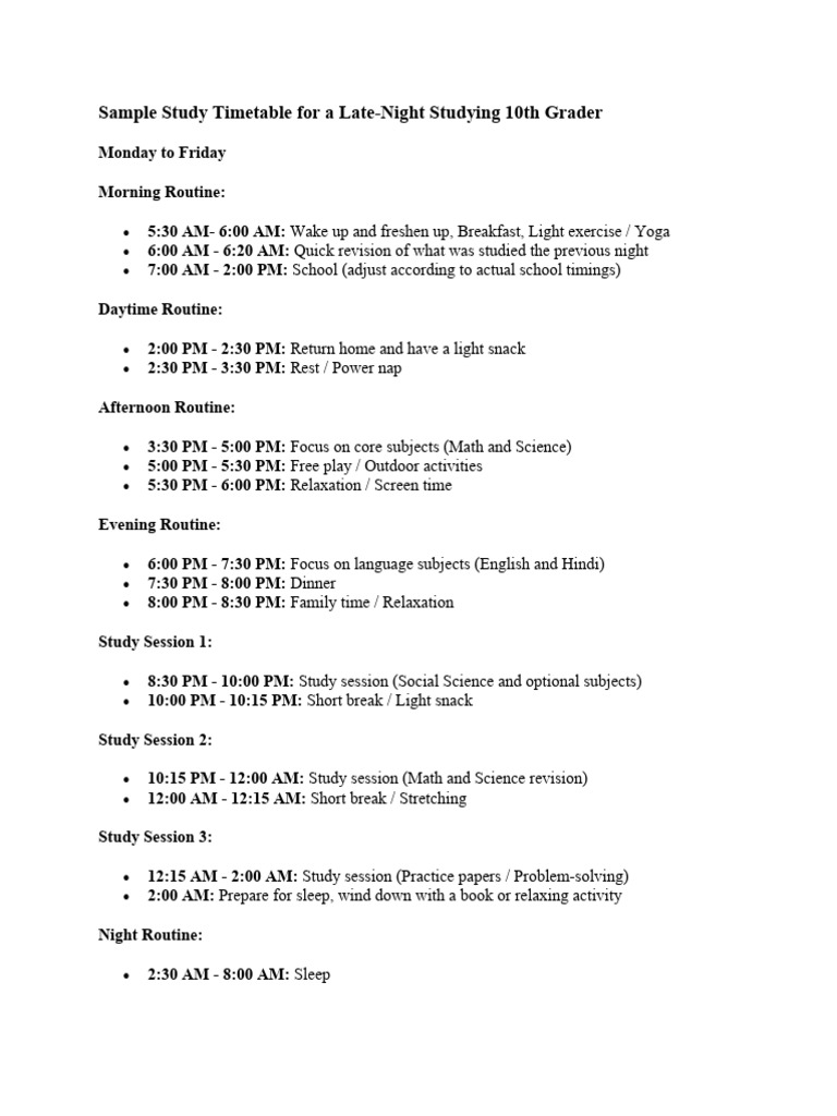 Study Timetable for Night Owl 10th Graders | PDF | Sleep