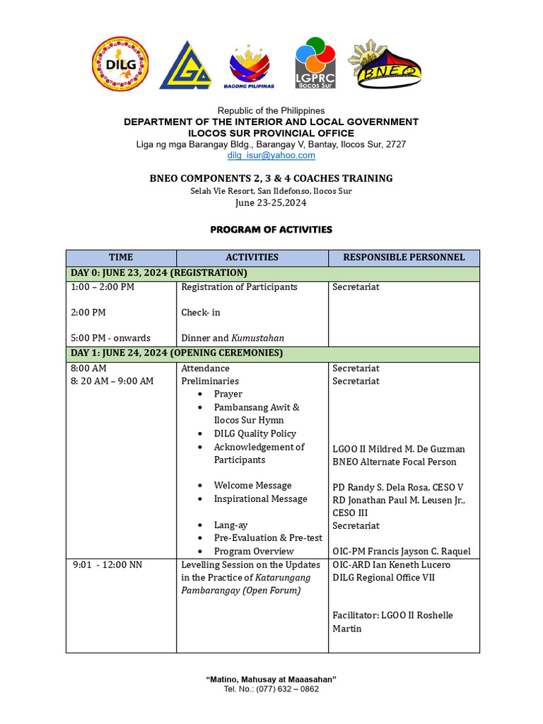 Program of Activities BNEO Coaches Training | PDF | Philippines