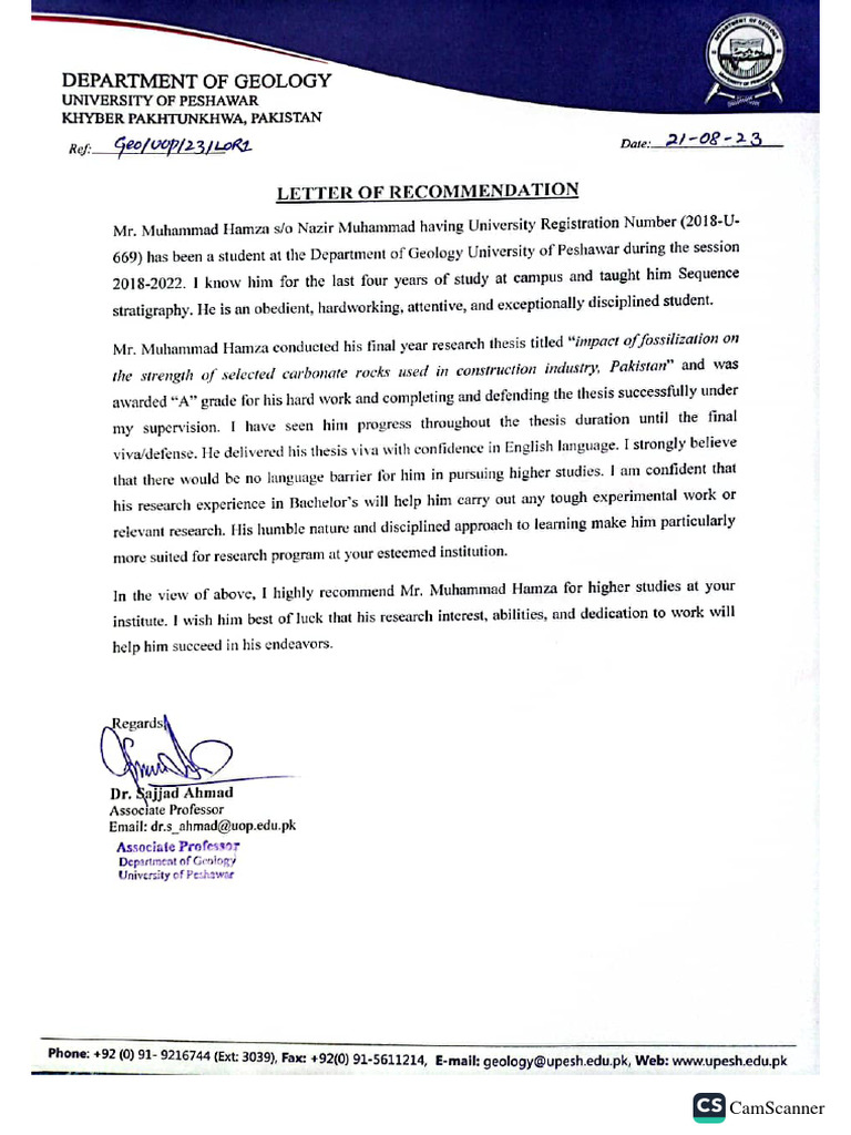 M Hamza Recommendation Letter (Dr. Sajjad Ahmad) | PDF