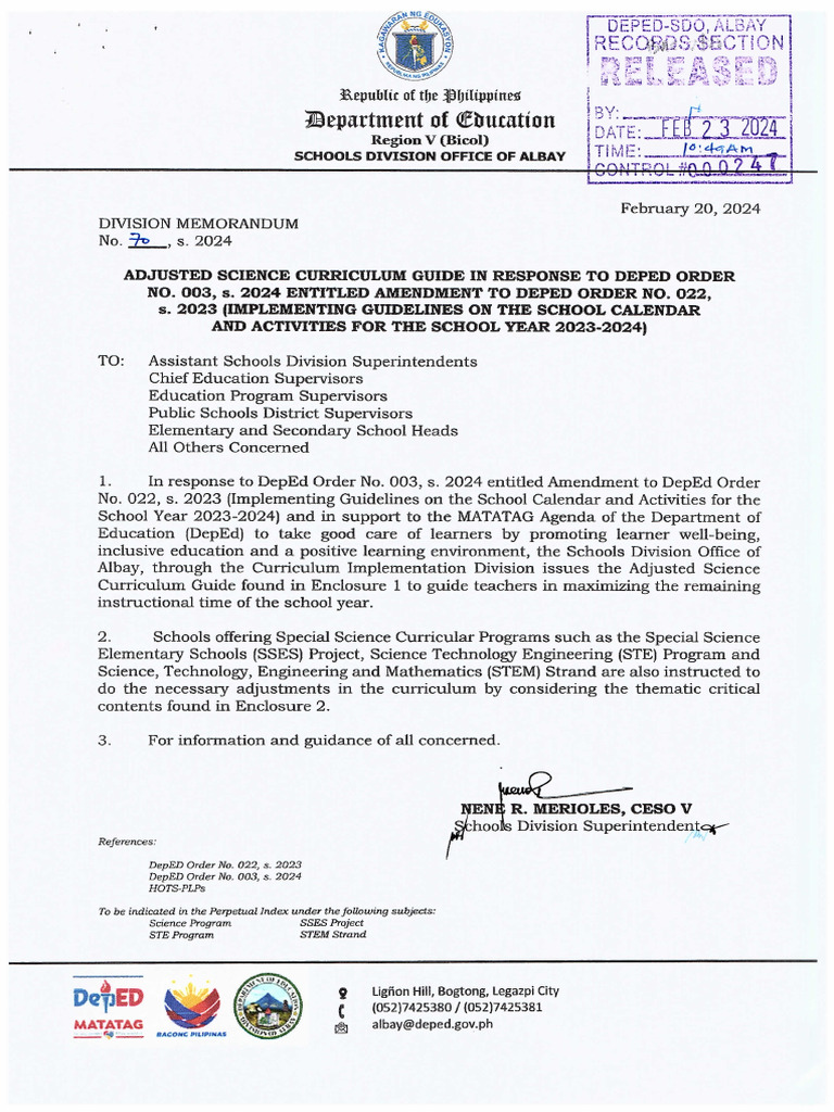DM 70 S. 2024 Adjusted Science Curriculum Guide in Responce To DepEd ...