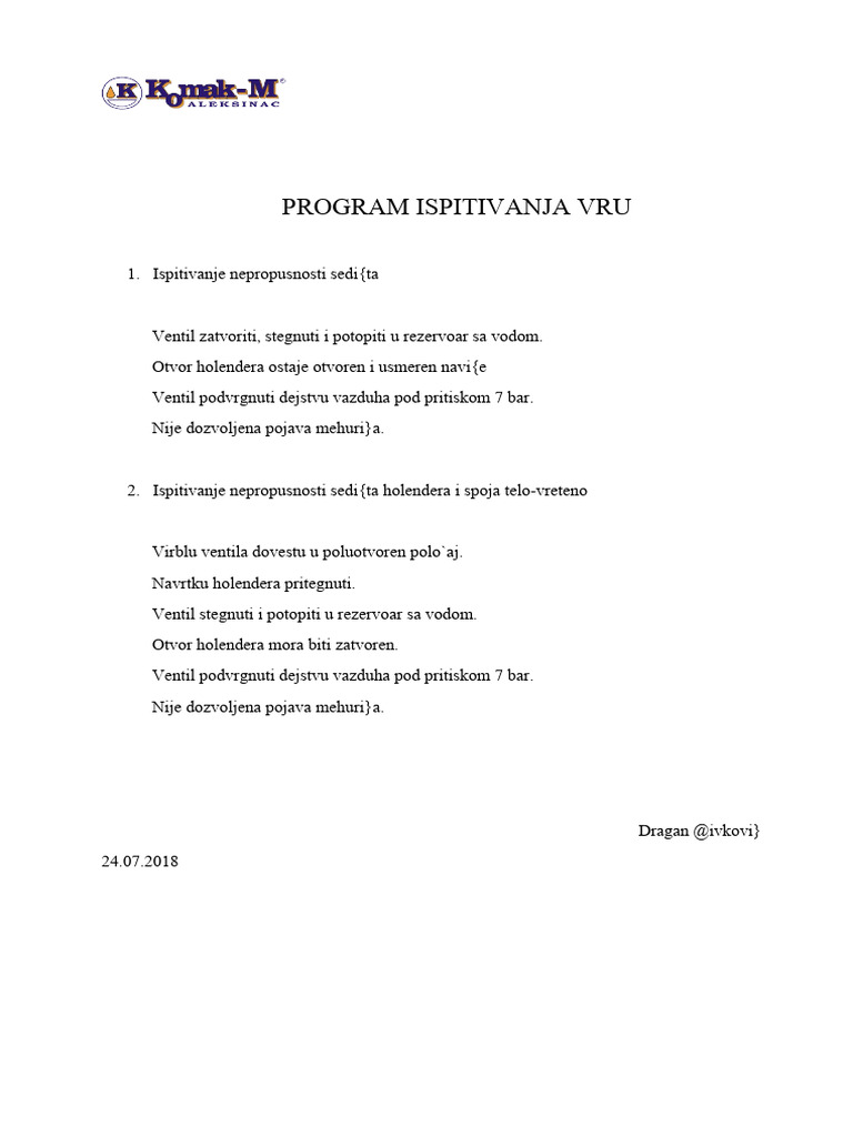 Program Ispitivanja VRU | PDF