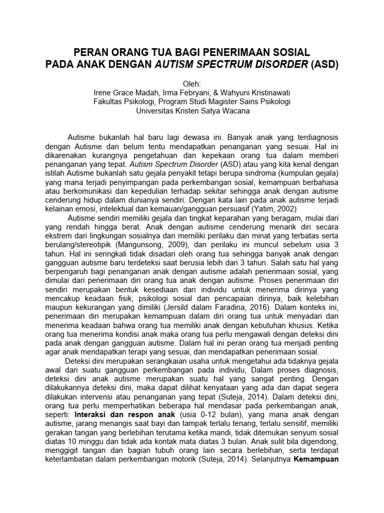 Peran Orang Tua Bagi Penerimaan Sosial Pada Anak Dengan Autism Spectrum Disorder (Asd) | PDF ...