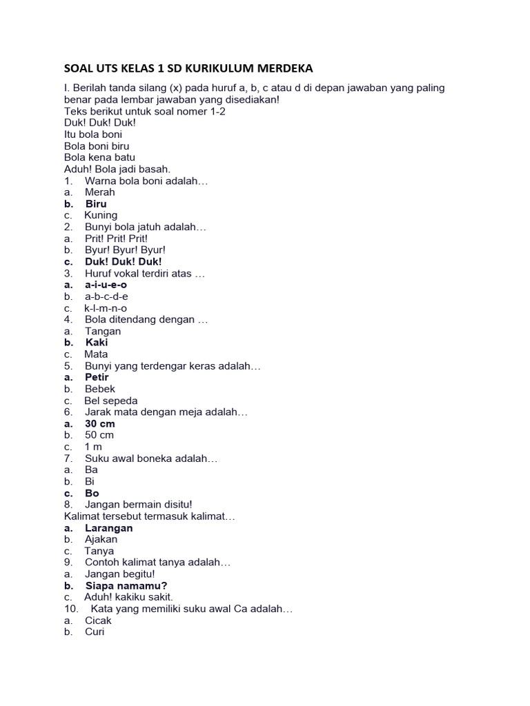 Soal Uts Kelas 1 SD Kurikulum Merdeka | PDF