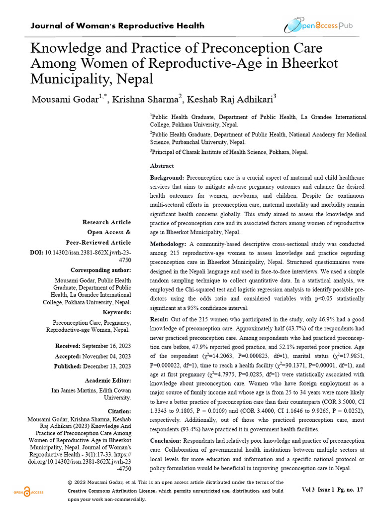 Knowledge And Practice Of Preconception Care Among Women Of