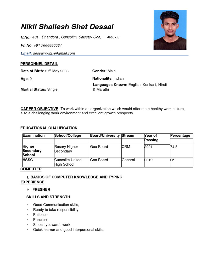 Nikil Shailesh Shet Dessai: 401, Dhandora, Cuncolim, Salcete-Goa, 403703 | PDF | Career & Growth