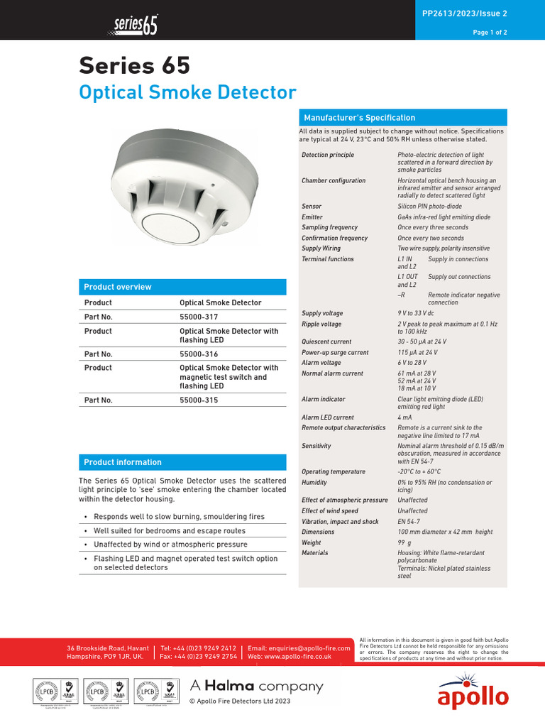 PP2613 Series 65 Optical Smoke Detector Datasheet | PDF | Light ...